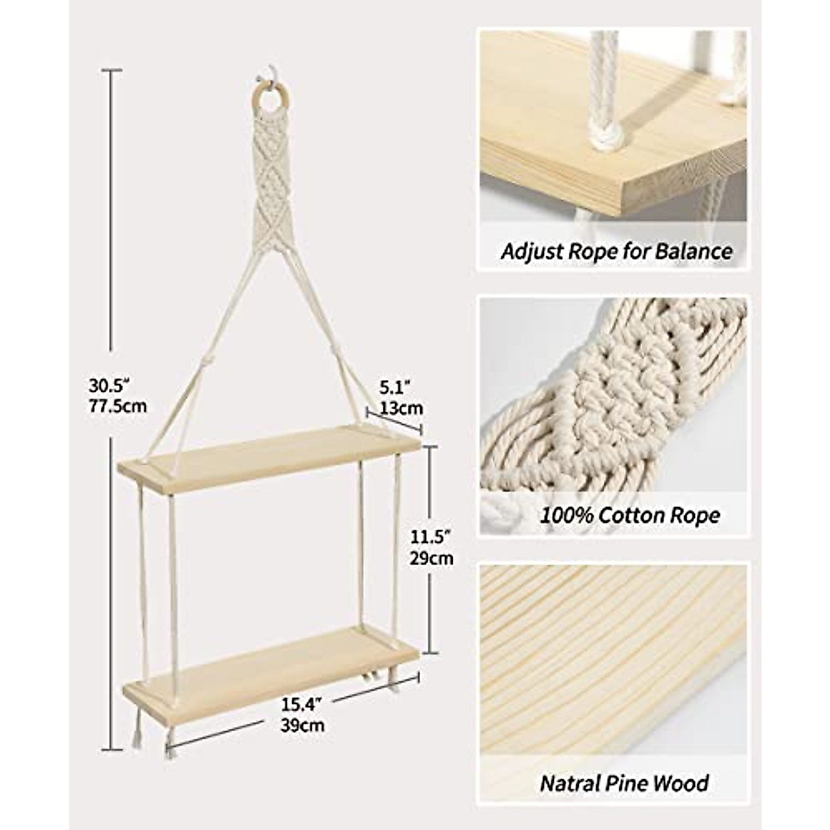 Afuly Macrame Hanging Shelves Wall Floating Shelf Natural Wood Chic Boho Decor 2 Tiers Pine Wood Cotton Rope Beige for Bedroom Bathroom Living Room Decor Ready to Hang, Beige
