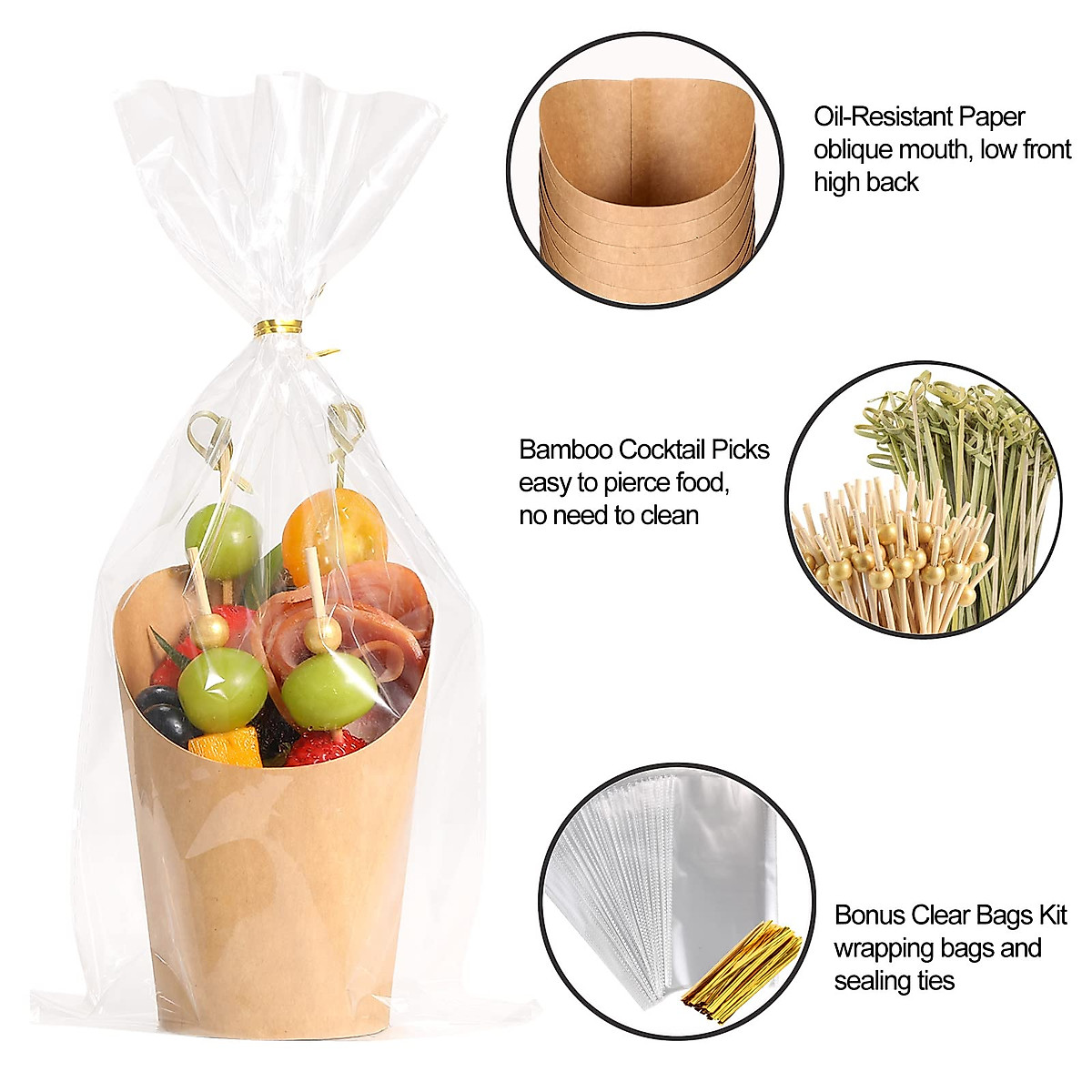 60 Sets Disposable Charcuterie Cups with Sticks and Bags, 14 oz Brown Kraft Paper Snack Boxes Appetizers Cup French Fry Holder with Cocktail Skewers Toothpicks Tooth Picks(60 Cups+60 Bags+200 Sticks)