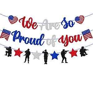 Military Going Away Party Decorations We Are So Proud of You Banner Patriotic Soldier Garland Red White Blue 4th of July Veterans Day Memorial Day Deployment Returning Back Graduation Party Supplies