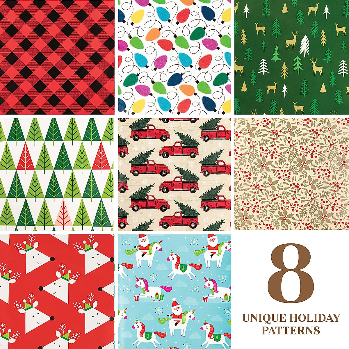 Plum Designs Flat Christmas Wrapping Paper Sheets| Bulk Pack| 8 Designs| 48 Sheets| 20in X 30in a sheet| Assorted Designs
