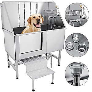 VEVOR 62 inch Professional Dog Grooming Tub Stainless Steel Pet Bathing Tub Large Dog Wash Tub with Faucet Walk-in Ramp Accessories Dog Washing Station Pet Bath Tub