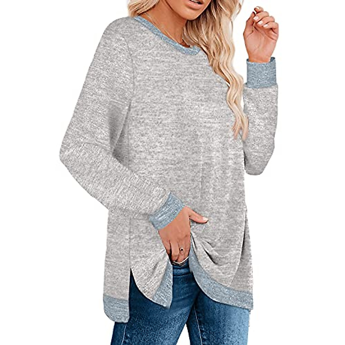 Fall Sweaters for Women Trendy Long Sleeve Tunic Tops for Leggings Grey X-Large