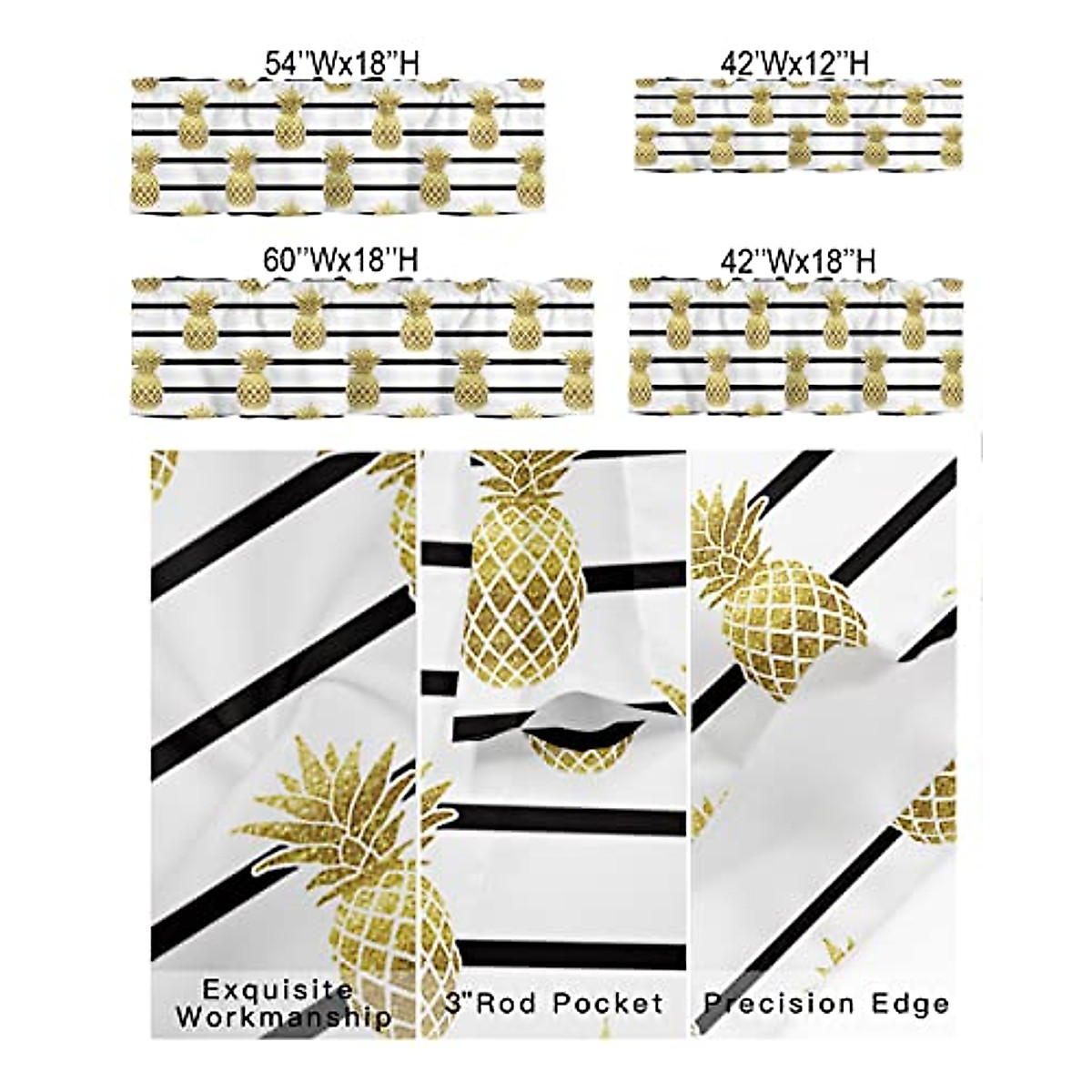 Window Valance for Kitchen,Summer Gold Pineapple Black White Stripes Curtain Valances Rod Pocket Short Curtains,Tropical Fruit Seamless Privacy Window Treatment for Bedroom Living Room 42x12in