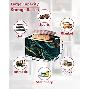 Marble Emerald Green Cube Storage Organizer Bins with Handles, 15x11x9.5 Inch Collapsible Canvas Cloth Fabric Storage Basket, Modern Abstract Gold Art Books Kids' Toys Bin Boxes for Shelves, Closet