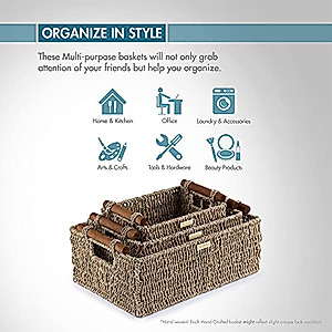 ADO Basics Wicker Basket with Stain Resistant Wooden Handles, Seagrass Wicker Baskets for organizing 14.6"x10.3"x6.2" and 12"x8.3"x5.1" and 9.5"x6.6"x4.1", Set of 3