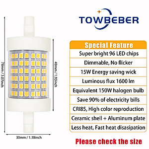 TOWBEBER R7s LED Bulb 78mm Dimmable, 15W Double Ended J78 Base T3 Floodlight 150W LED Halogen Replacement Bulbs 1600 lm Contains 96 LED Chips, 4000K Natural White CRI 85 (Pack of 2)