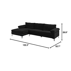 Casa Andrea Milano LLC Modern Large Velvet Fabric Sectional Sofa, L-Shape Couch with Extra Wide Chaise Lounge, Onyx