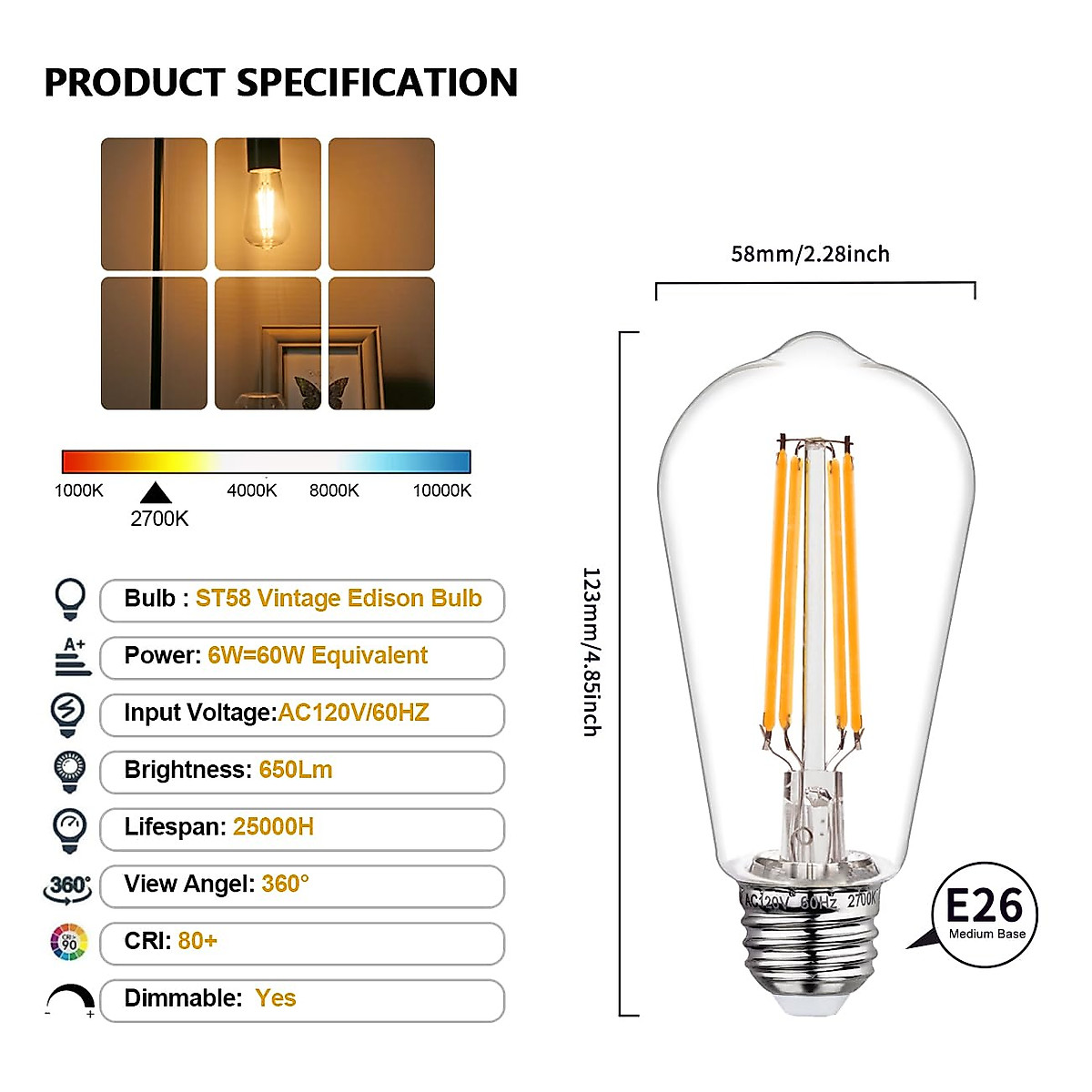 BORT ST58/ST19 Vintage LED Edison Bulbs, Warm White 2700K, Dimmable 6W Edison Light Bulbs, 60W Equivalent, 700LM, E26 Standard Base Filament LED Bulb, Clear Plastic - 12Pack
