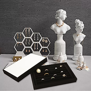 CertBuy 4 Pack Ring Display Tray Jewelry Organizer, Black Velvet 7 Slots Ring Earrings Showcase Trays Holder, Stackable Drawer Ring Display Tray Jewelry Showcase for Multiple Rings Drawer Inserts