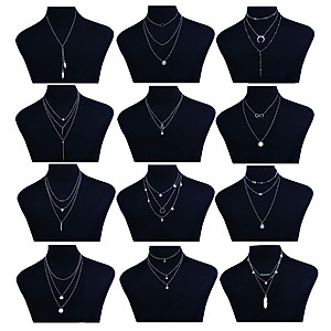 FINREZIO 12 PCS Gold Plated Layered Necklace for Women Sexy Long Choker Chain Y Necklace Bar Feather Pendent Necklace Sets Silver Tone