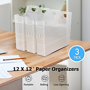 Dexlala 3 Pack 12x12 Paper Storage Organizer with Wheels, Plastic Scrapbook Paper Storage, Portable Scrapbook Storage Bin for Scrapbook Papers, Documents, Vinyl Sheets,Cardstocks