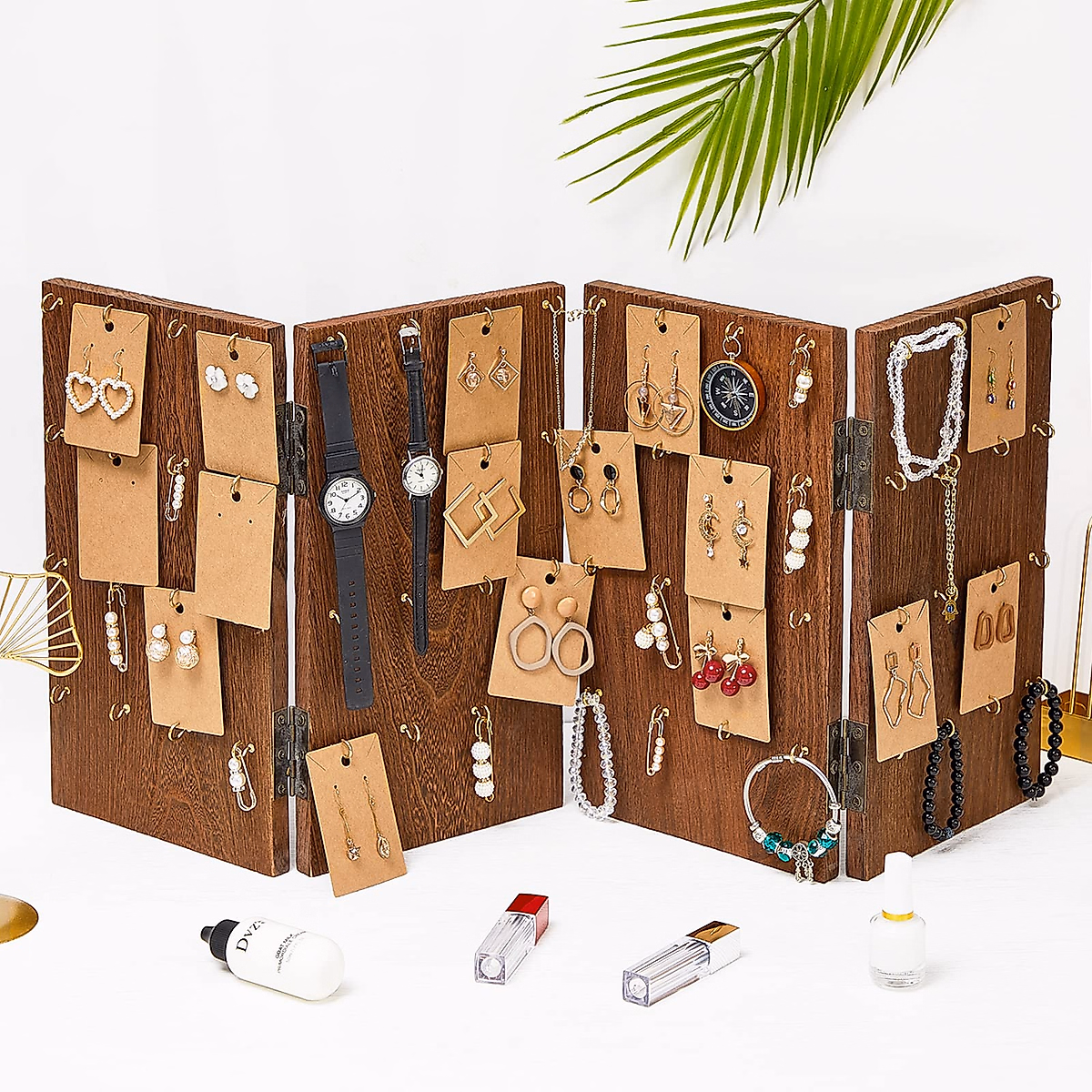 101 Pcs Foldable Wooden Jewelry Display Stand 64 Hooks Earring Display Rack for Selling Earring Display Cards 4 Panel Wood Jewelry Display Bracelet Organizer with Earring Cards for Business Home Using