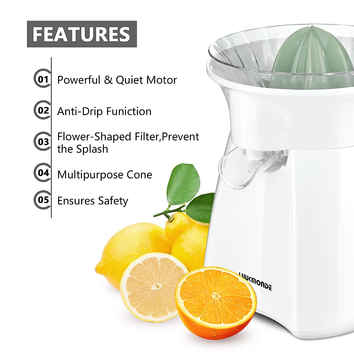 LUUKMONDE Electric Citrus Juicer, Orange Juicer with Lockable Spout, Citrus Press Juice Extractor, Electric Lemon Squeezer Fruit Presses for Orange Lemon Lime Grapefruit, (White)