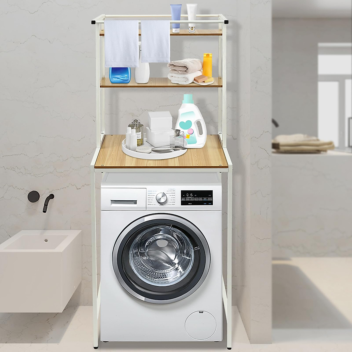 iSamLam Over Washer Dryer Standing Rack Stand with Adjustable Rubber Feet, Hanging Towels Organizer Laundry Products Storage Shelf for Bathroom Laundry Room Space Saver (White + Log)