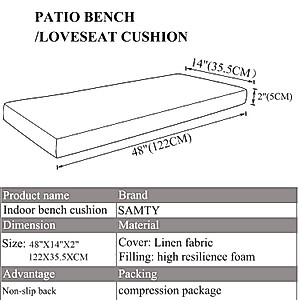 Bench Seat Memory Foam Chair Pads Non-Slip Rubber Back Indoor Swing/Settee Cushion 48 x 14 inch