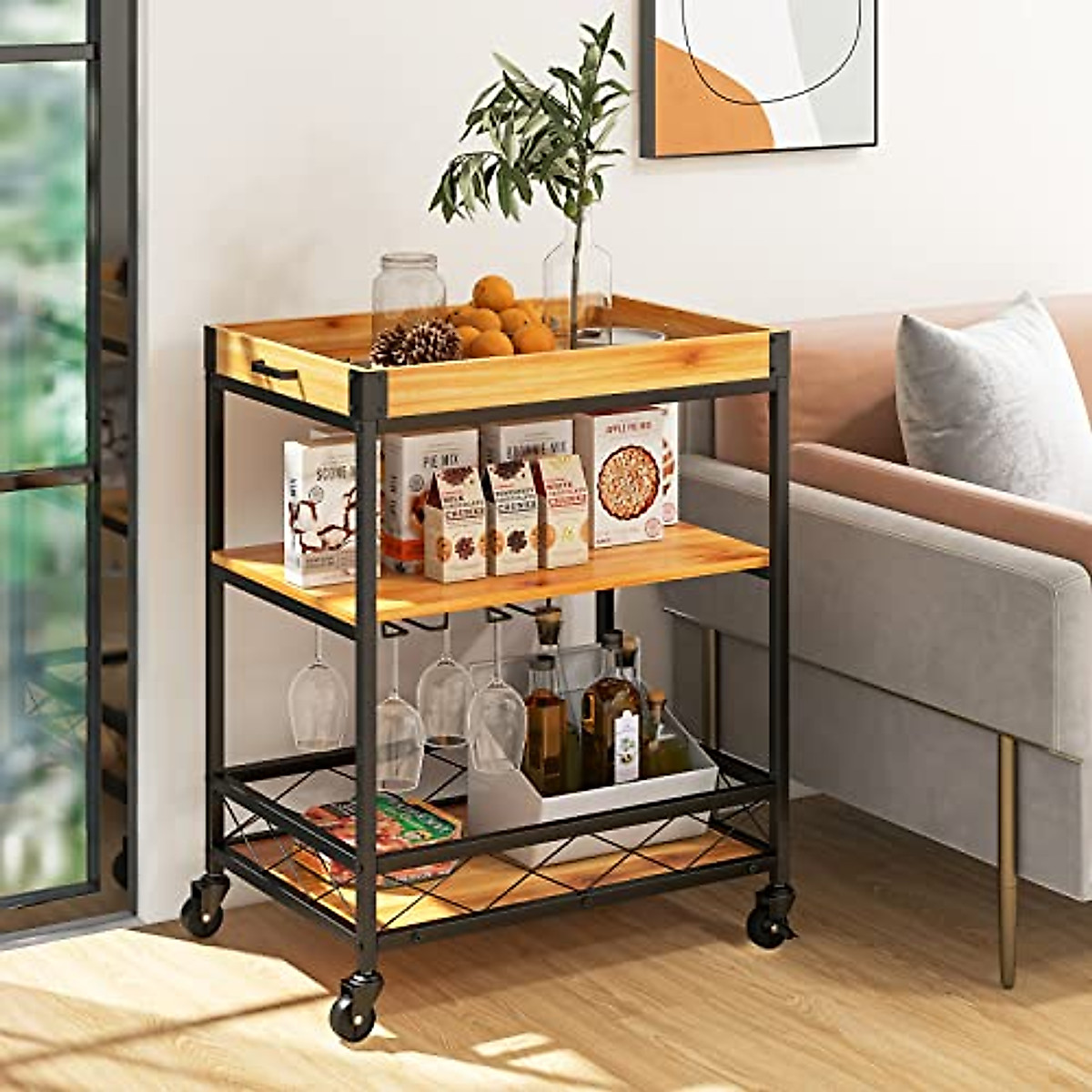 IFANNY Bar Cart, 3 Tier Rolling Cart with Removable Tray and Glass Holder, Wood Coffee Cart on Wheels, Small Kitchen Storage Islands & Carts, Serving Cart for Dining Room, Restaurant, Hotel