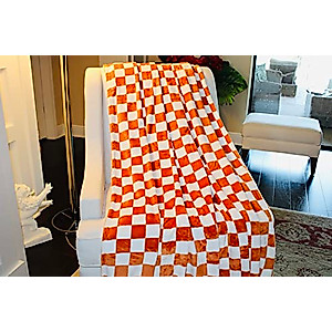 JCG Blanket Luxury Chessboard Plaid Throw Blanket (White/Orange), Fluffy Blankets, Warm Blankets for Winter, Blankets Queen Size, Good Also as Summer Blanket,