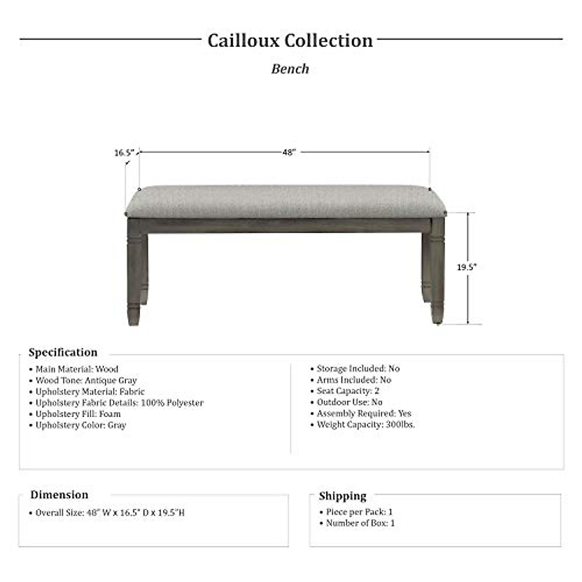 Lexicon Cailloux 48" Dining Bench, Antique Gray