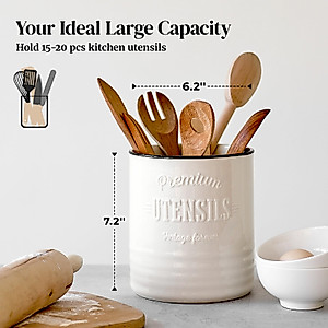 DOWAN Kitchen Utensil Holder, 7.2″ Extra-Large Ceramic Stable Utensil Caddy, Rustic Cooking Utensil Crock for Farmhouse Kitchen Décor with Countertop-Protection Cork Bottom, Counter Utensil Organizer