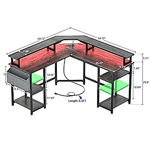 Aheaplus L Shaped Gaming Desk with Power Outlets & LED Lights, L- Shaped Desk Computer Corner Desk with Monitor Stand and Storage Shelf, Home Office Desk Writing Desk with Storage Bag, Grey Oak