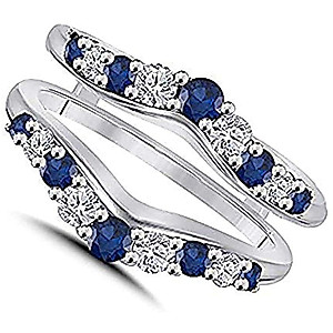 Intershine Round Cut White & Blue Diamond 925 Sterling Silver 14K White Gold Fn Diamond Solitaire Enhancer Guard Wrap Ring for Women's