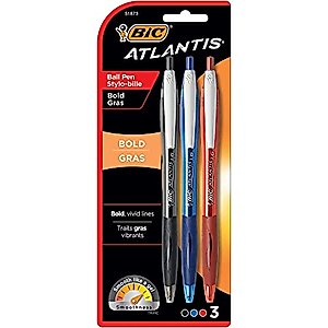BIC Atlantis Bold Retractable Ballpoint Pen, Bold Point (1.6mm), Assorted Colors, Comfortable Rubber Grip, 3-Count
