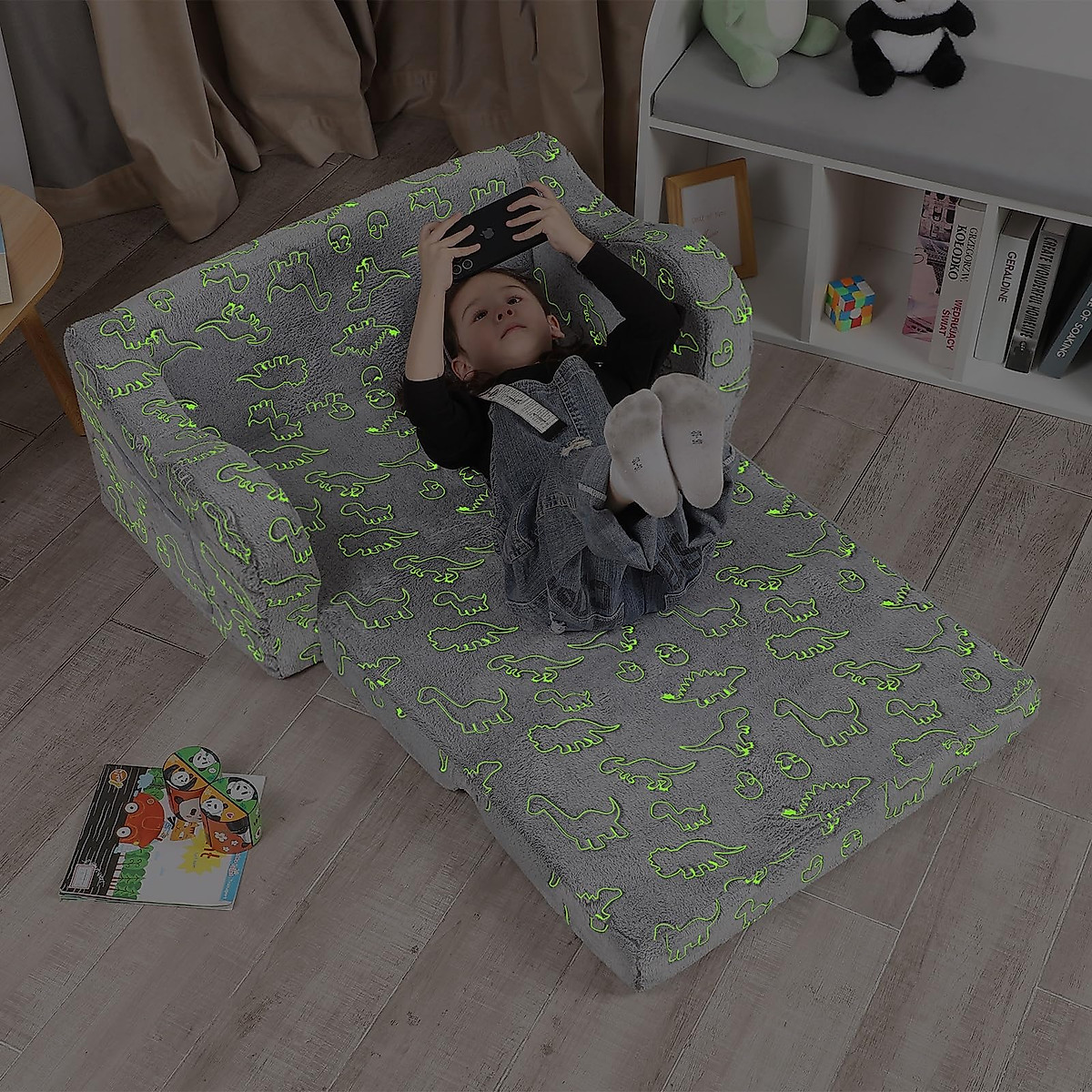 MOMCAYWEX Kids Extra Wide Glow in The Dark Chairs for Toddler, 2-in-1 Toddler Soft Sherpa Couch Fold Out, Convertible Sofa to Lounger for Girls and Boys, Dark Grey