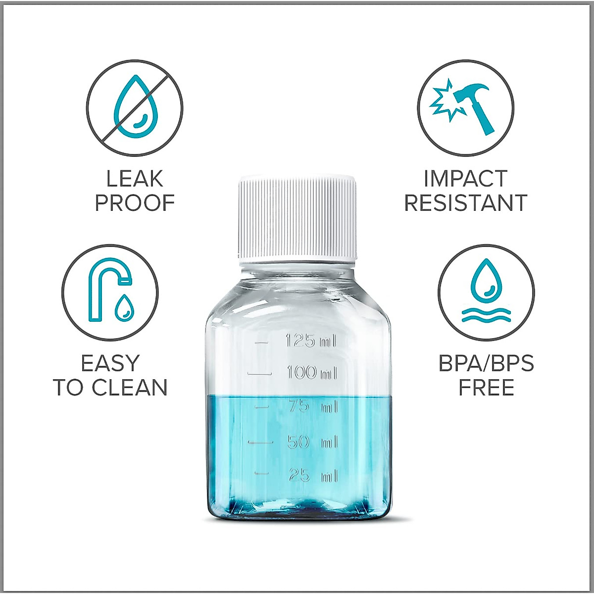 Black Magic 3D G6 Scientific 125 ml Plastic Reagent Bottle 6-Pack Laboratory Chemical Storage - Clear Graduated Square Polycarbonate Plastic Leakproof Bottles