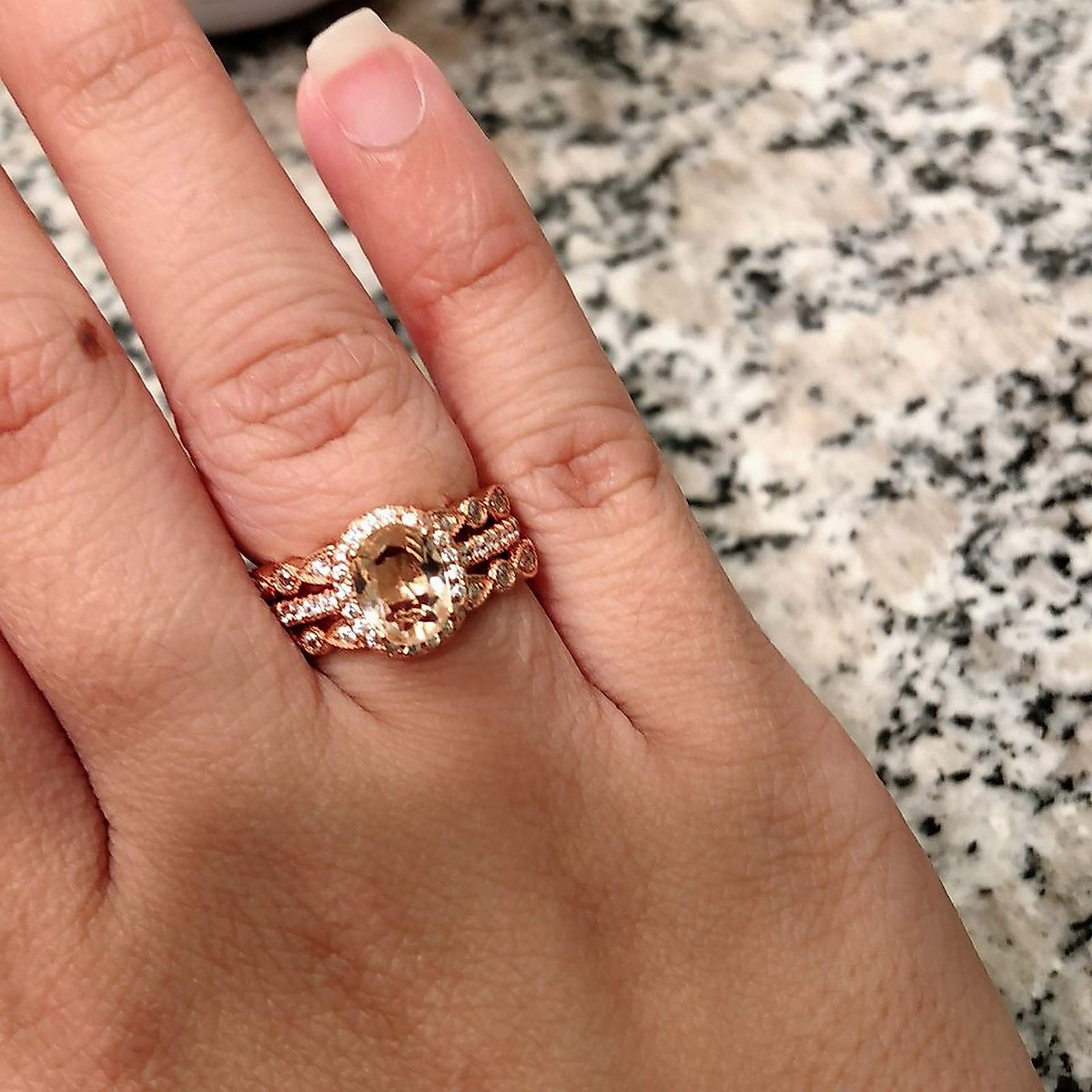 Blue Apple Co. Three Piece Halo Art Deco Wedding Band Engagement Ring Oval Simulated Morganite Round Cubic Zirconia 925 Sterling SilverSize-7