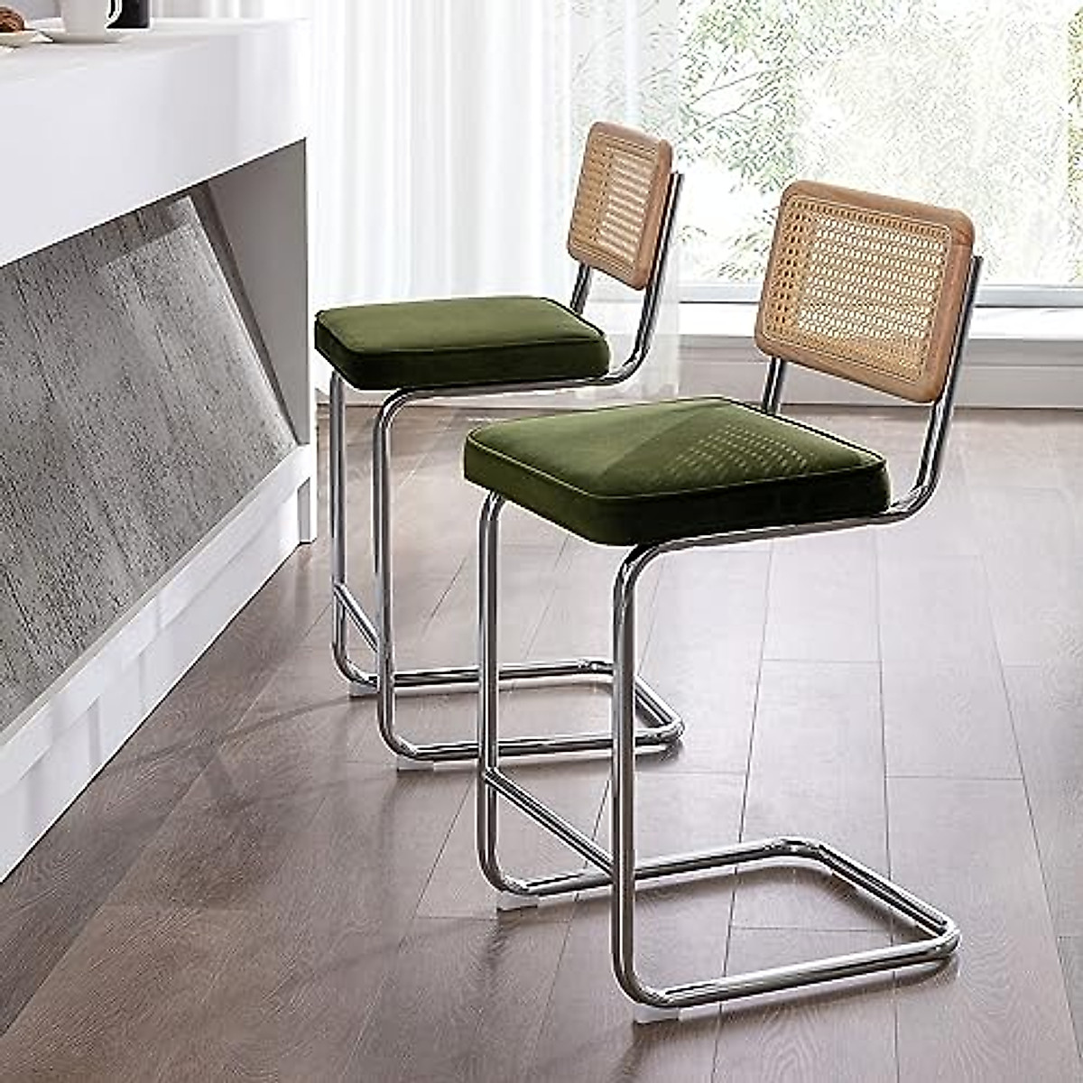 Zesthouse Modern Counter Height Stools, 24'' Natural Rattan Barstools Set of 2, Velvet Kitchen High Chairs with Backs, Mid Century Cantilevered Design Counter Chairs Island Stools, Green