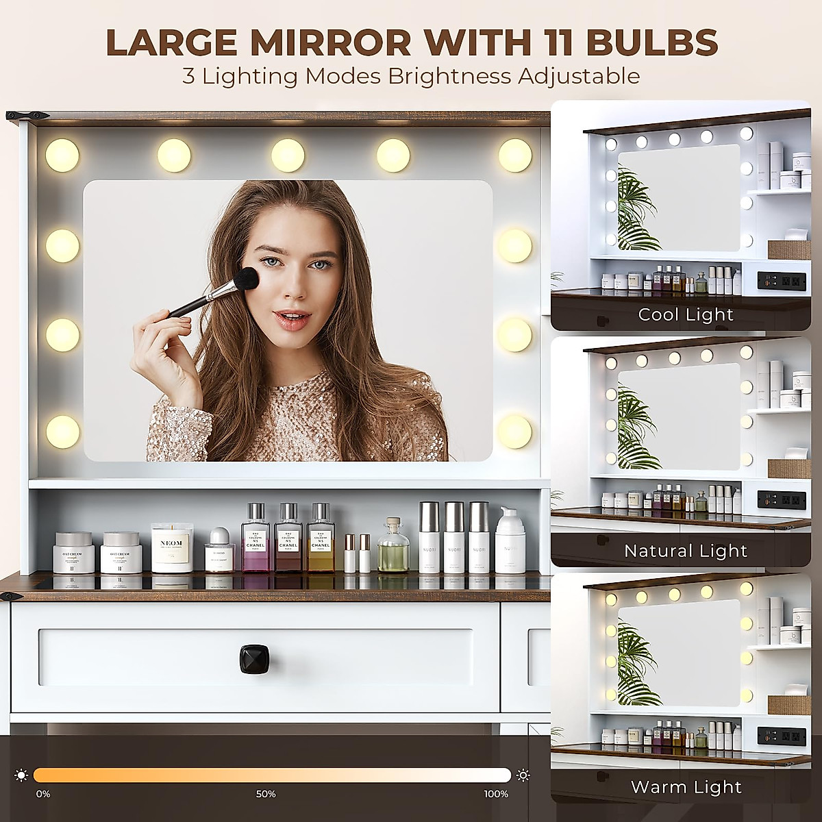 MIIFUNY Farmhouse Makeup Vanity Desk with Mirror and Lights, 42" Glass Top Vanity with Charging Station, Rustic Vanity Table Set with 2 Drawers & Shelves & Cabinet, Dressing Table for Bedroom, White