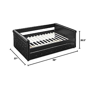 ATY Full Size Daybed with Twin Trundle, Upholstered Sofa Bed Design w/Button Tufted & Copper Nail, Perfect for Bedroom, Guestroom, Living Room, No Spring Box Needed, Black
