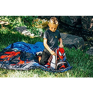 Exxel Marvel Spiderman Superhero Kids Outdoor Youth Sized 2 Piece Camping Set with Matching Sleeping Bag and Carrying Backpack, Multicolor