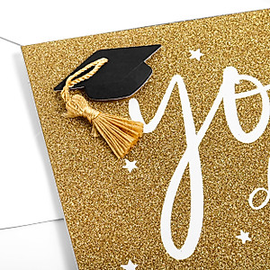 GIFTING GIGGLES Happy Graduation Card - Congratulations graduate card for College or High School - for him or her - Men or Women - Golden Sparkle card with 3D cap design