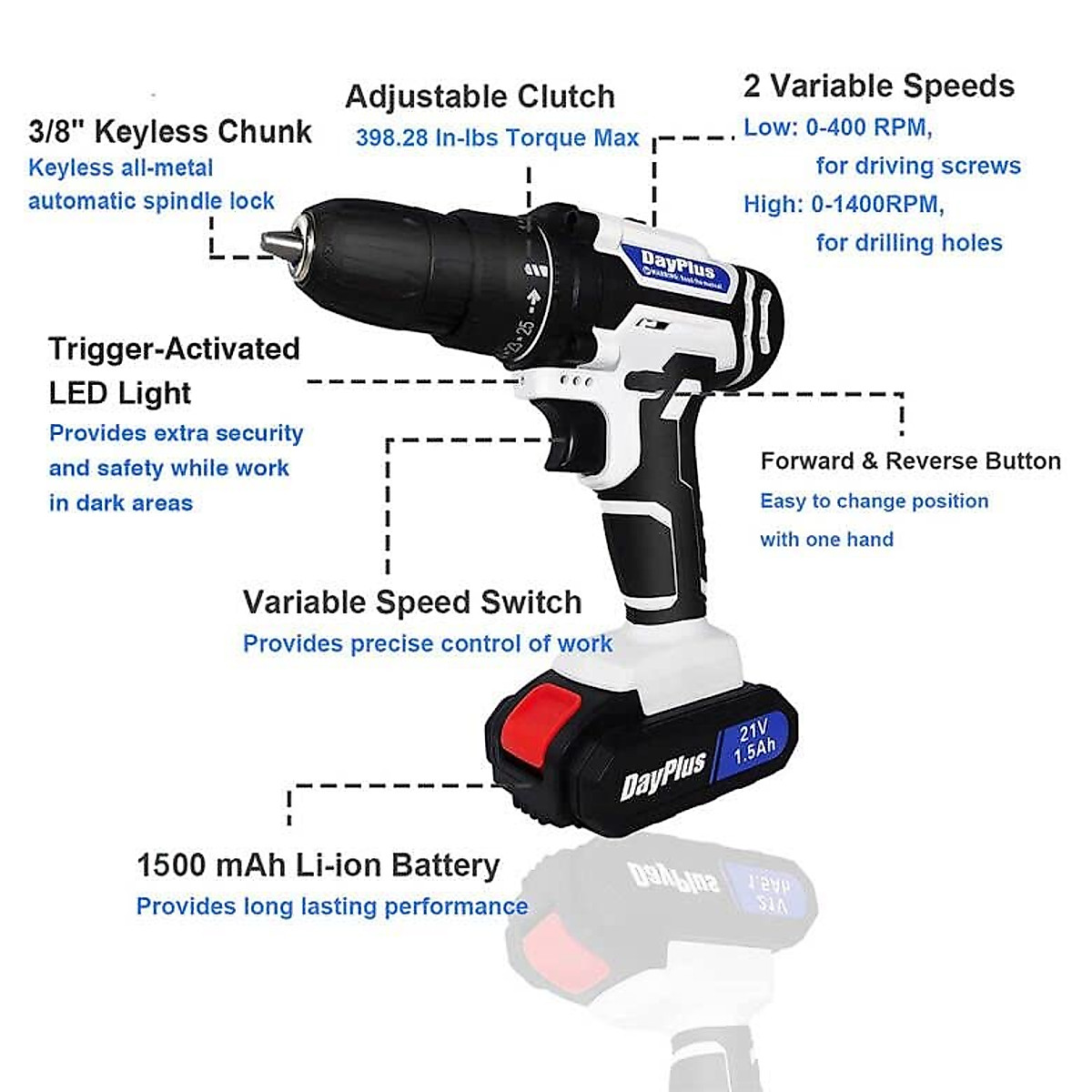21v Cordless Power Drill Combi Driver Electric Screwdriver Tools Kit,2 Variable Speed 25+1 Torque Setting,29pcs Drill/Driver Bits