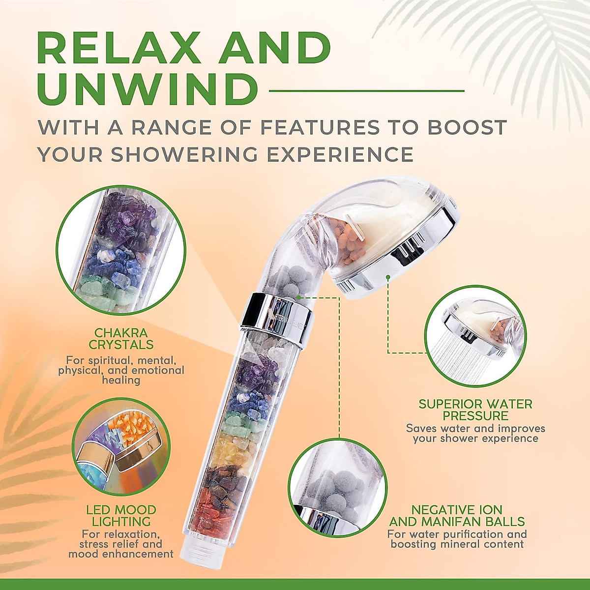 Eternal Wellness Crystal Shower Head with Chakra Stones- High Pressure Showerhead for Anxiety Relief, Relaxation & Self-Care- w/LED Lights & Sleep Aid- Spiritual Gift for Balance & Emotional Healing