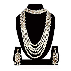 Aheli Wedding Party Wear Bridal Jewellery Choker Long Pearl Necklace Earrings Maang Tikka Indian Traditional Set for Women White