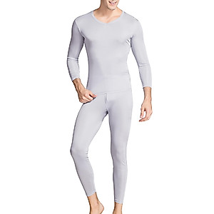 Grenasasilk Men's Silk Long Johns Mulberry Silk Long Underwear V-Neck Breathable Thermal Underwear Sets & Undergarments (L, Silver Grey)