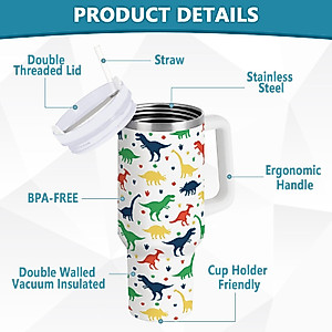 ZZXXB Dinosaur Colorful Pattern Insulated Stainless Steel Water Bottle with Handle and Straw Lid Double Walled Travel Mug 40 oz
