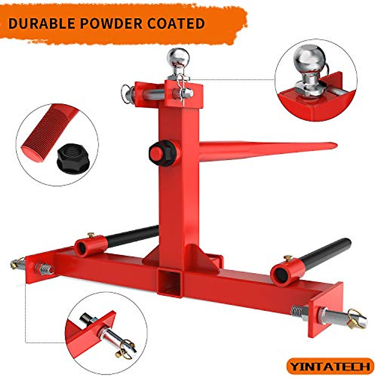 YINTATECH 49” Hay Spear 3000lbs Capacity and 2 Stabilizers Spear with 3 Point Trailer Hitch 2" Receiver with Trailer Ball Gooseneck Drawbar for Category 1 Tractor