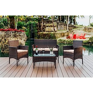 Nestl Wicker Patio Furniture Set - 4 Piece Patio Set with Patio Chairs Set of 2, Loveseat, Glass Top Coffee Table, Outdoor Furniture Sets for Backyard or Pool, Front Porch Furniture Set (Brown/Beige)