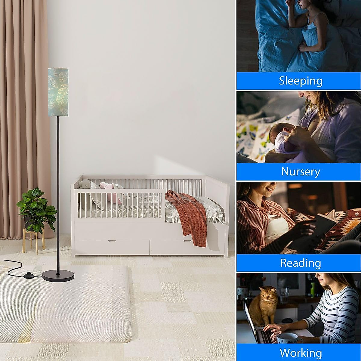 Modern Standing Lamps beautiful feathers a bird Repeating texture Fabric Boho Style Minimalist Floor Lamp Metal Pole Lamp with Linen Lampshade for Bedroom Living Room Office Nursery Reading