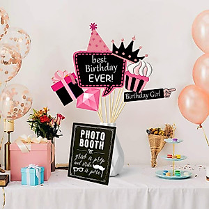 31pcs Hot Pink Girls Birthday Photo Booth Props Happy Birthday Party Favors Supplies Bday Party Decoration Set for Bachelorette Party Decoration Pink Girls Birthday Bridal Shower Pink Party Supplies