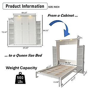 UOCFYK Queen Size Murphy Bed Wall Bed with 2 Storage Shelves and LED Lights,Multifunctional Foldable Platform Bedframe for Bedroom Guest Room Small Space, White