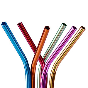 6Pcs 10.5"Drinking Straws, Stainless Steel Straws, Reusable Metal Straws, Rainbow Colorful Straws for 20 30oz Stainless Tumblers Rumblers Cold Beverage, Free Cleaning Brush Included, Bent