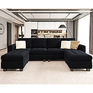 Belffin Velvet U Shaped Sectional Sofa Couch with Storage Ottoman Convertibel Sectional Sofa with Reversible Chaises Black