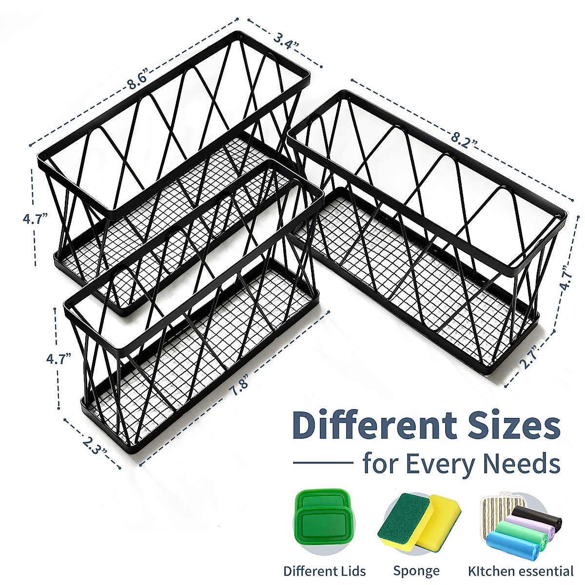 Rise age Tupperware Organizer for Cabinet, Adhesive Cabinet Door Organizer Wall Mounted Lid Organizer No Drill Kitchen Cabinet Organizers Storage for Slim Space 3 Pcs Black Stainless Steel