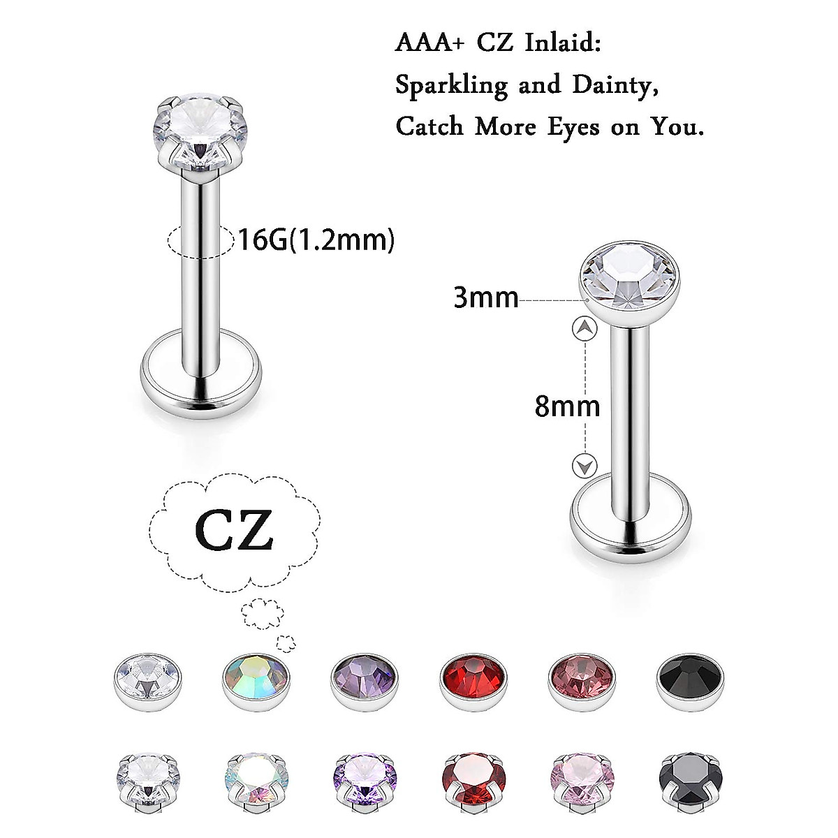 Gadeaila 48pcs 16G Lip Rings Stainless Steel Labret Monroe Lip Rings Nail Cartilage Tragus Helix Earrings Studs Ring Medusa Piercing Jewelry for Women Men 6mm 8mm 10mm