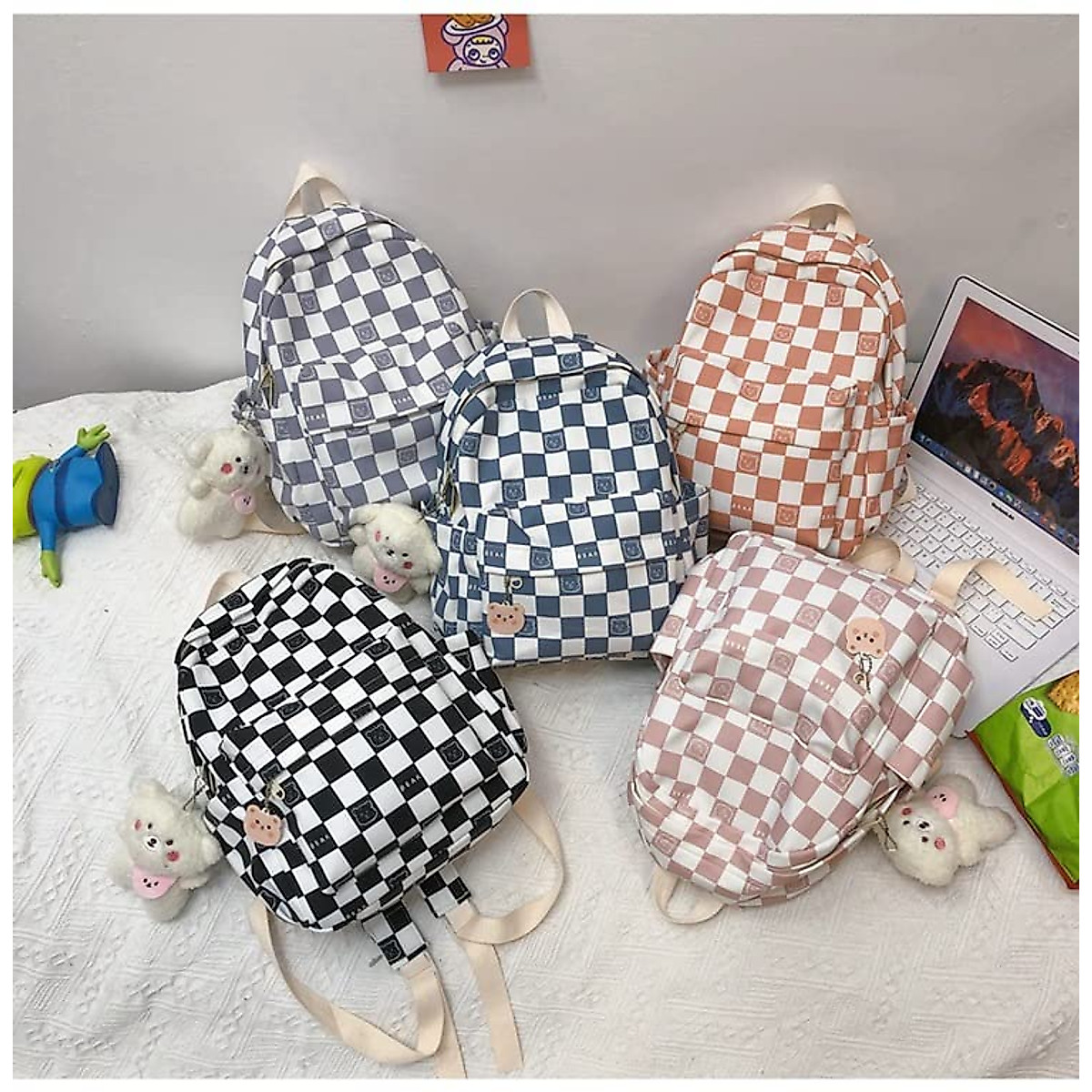 Kawaii Plaid Mini Backpack with Plush Bear Pendant for Girl Small Medium School Bag (Light Blue)