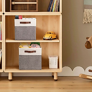 Lonian Set of 2 Foldable Cotton Flax Storage Boxes Bins with Leather Handle, Collapsible Storage Cube Organiser for Nursery Baby Kids Room Toys Home Shelving – 30.5x30.5x30.5 cm